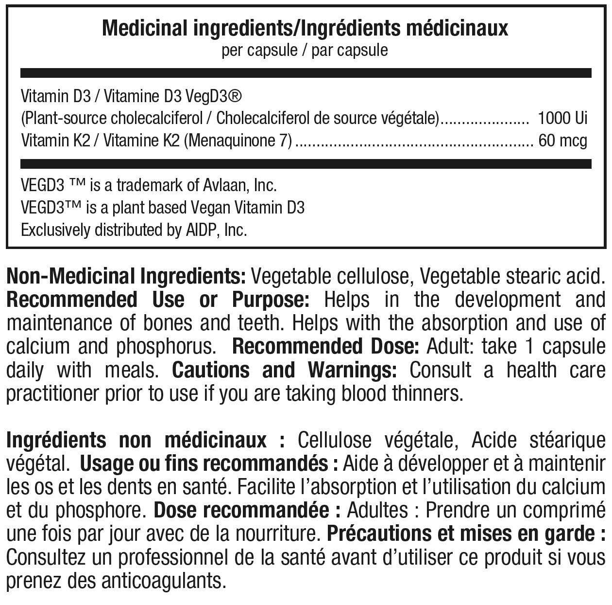 Vitamin D3+K2 (60 Capsules) | Vita Plus USA